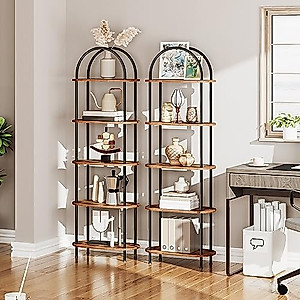 HOOBRO 5 Tier Bookshelf, Industrial Bookcase Arched, Tall Standing Bookshelves and Bookcases, Open Storage Shelves, Wooden Book Shelf for Bedroom, Living Room, Rustic Brown Bookshelf BF176SJ01
