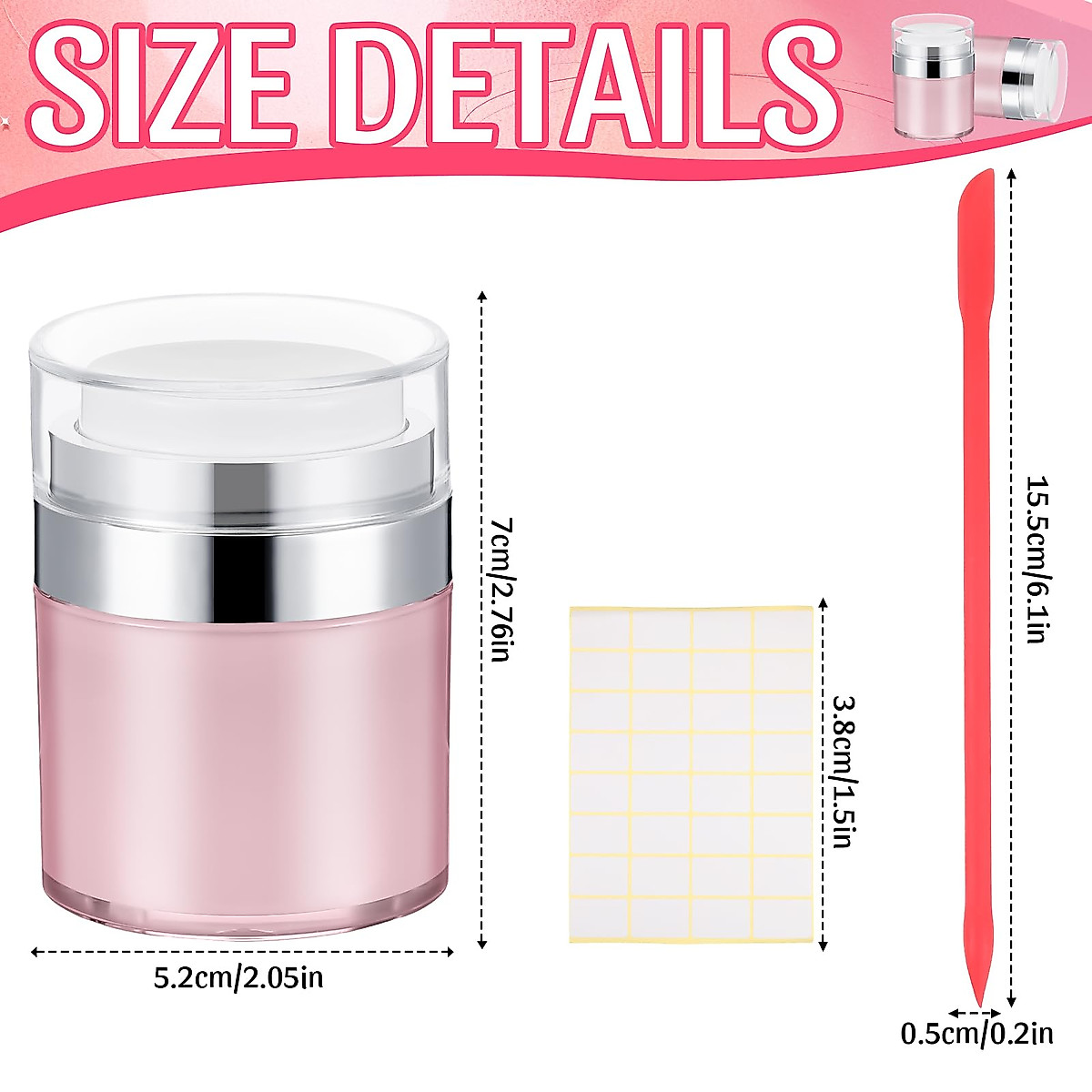 Zhehao 12 Pcs 1 Oz/ 30 ml Airless Pump Jar with Stickers Silicone Spatula Set Refillable Cream Jar Vacuum Bottle Dispenser Portable Empty Cosmetic Container Travel Size Lotion Sample Pot, Pink