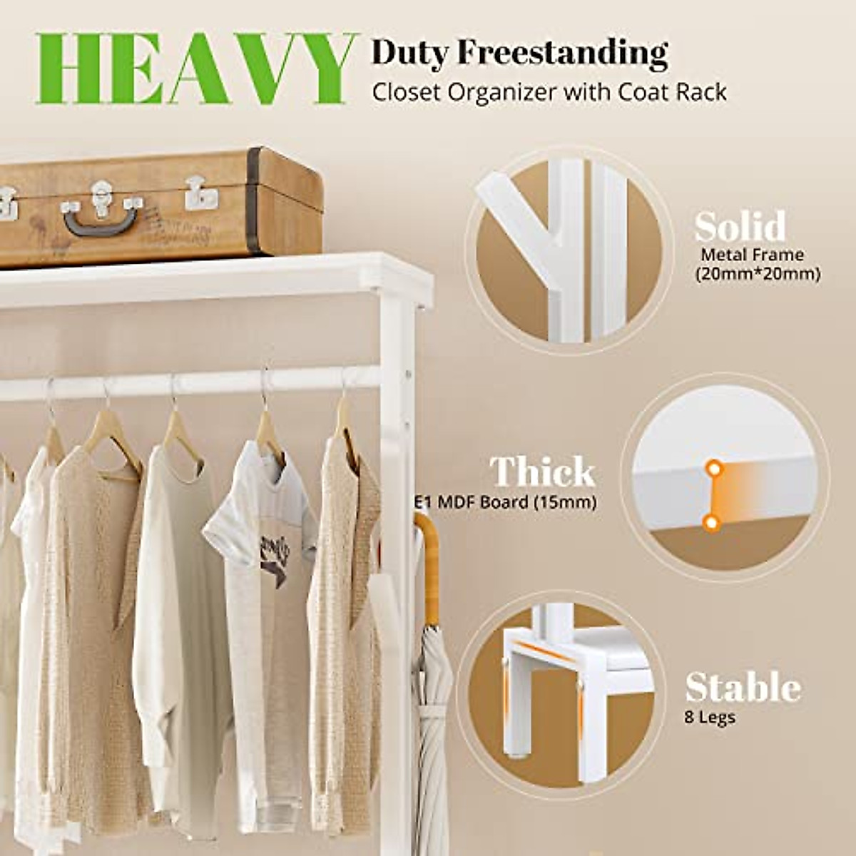 HOKEEPER Heavy Duty Free Standing Closet Organizer with 8 Shelves and Coat Rack Extra Large Wardrobe Closet Clothing Rack for Hanging Clothes Closet Storage Garment Rack for Bedroom 1000lbs White