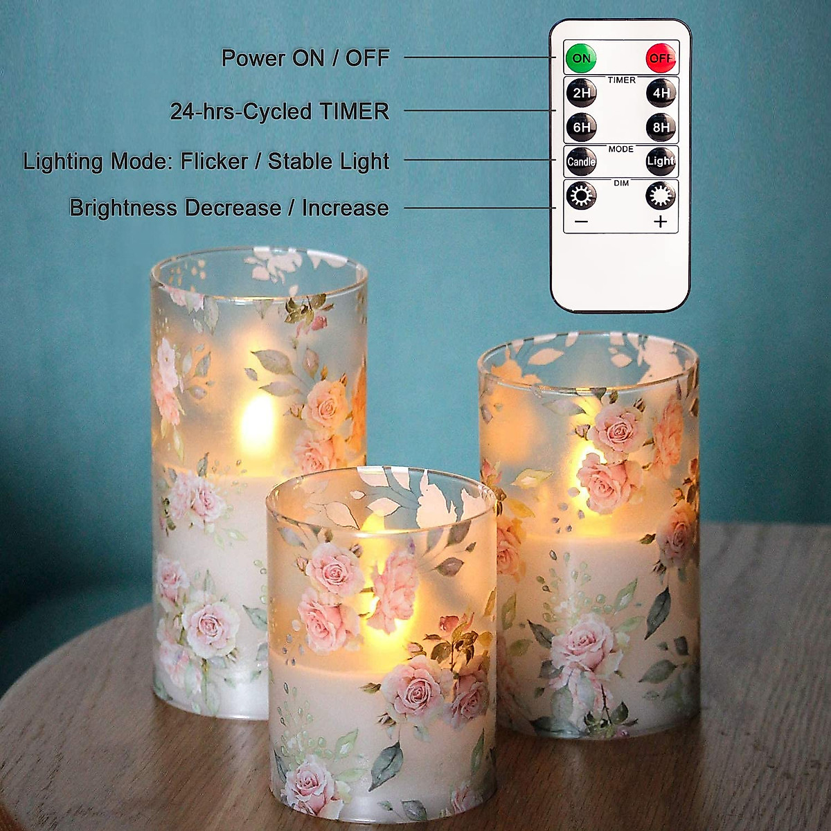 GORGE MOMENT Rose Flameless Candles Love Theme Battery Operated Glass Flickering LED Candle with Remote Pink Flower Decal Realistic Pillar Candles Bedroom Home Decor Table Ornament