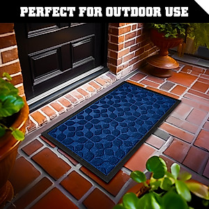 G128 Home Entrance Blue Geometric Floral Pattern Door Mat | 17x29.5 in | Thick Absorbent Natural Rubber Non Slip, Indoor/Outdoor, Easy Clean, Welcome Mats for Front Door/Patio/Garage