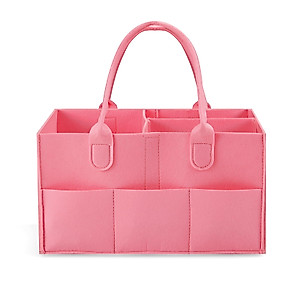 PandaEar Baby Diaper Caddy Organizer, Portable Diaper Holder Organizer Nursery Storage Basket for Wipes & baby stuff, Collapsible Baby Organizer with Divided Design (Pink)