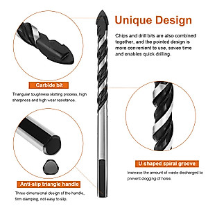 OCR 10Pcs Masonry Drill Bits Set, 1/8 to 1/2 Inch Bits for Power Drills, Professional Concrete Drill Bit Set for Tile Brick Cement Concrete Glass Plastic Cinder Block Wood