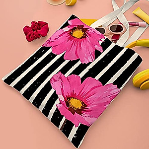 Canvas Shoulder Bag 15x18 Inch,Flowers Stripe Tote Bag for Books,Birthday Inspirational Gifts for Kids Girls Women