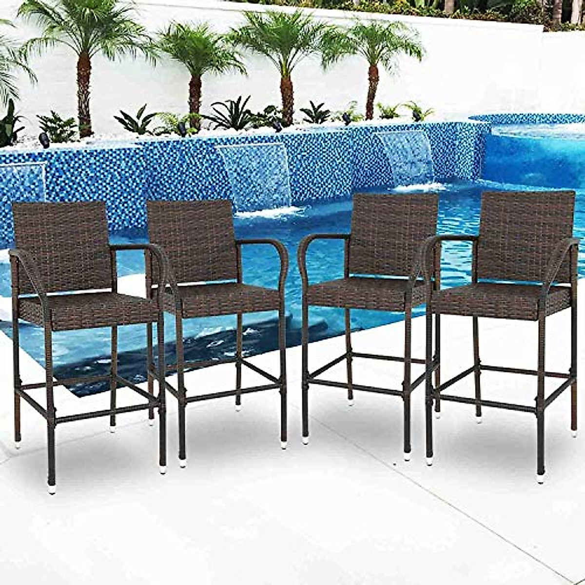 ZenStyle Set of 4 Rattan Style Barstool Brown Wicker Patio Bar Stool Indoor Outdoor with Footrest & Armrest