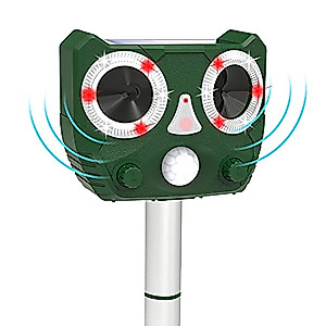 Solar Animal Repeller Ultrasonic Deer Repellent Devices Outdoor for Bird Skunk Rabbit Raccoon Cat Dog Fox, Waterproof Animal Deterrent with PIR Sensor Alarms Strobe Lights for Yard Farm Garden