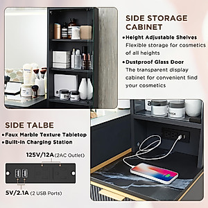 T4TREAM Fluted Makeup Vanity Desk with 36" HD Lighted Mirror, 48" Big Modern Vanity Desk with Mirror and Lights, Dressing Table with 5 Drawers & Shelves, Glass Top for Bedroom, Dark Grey