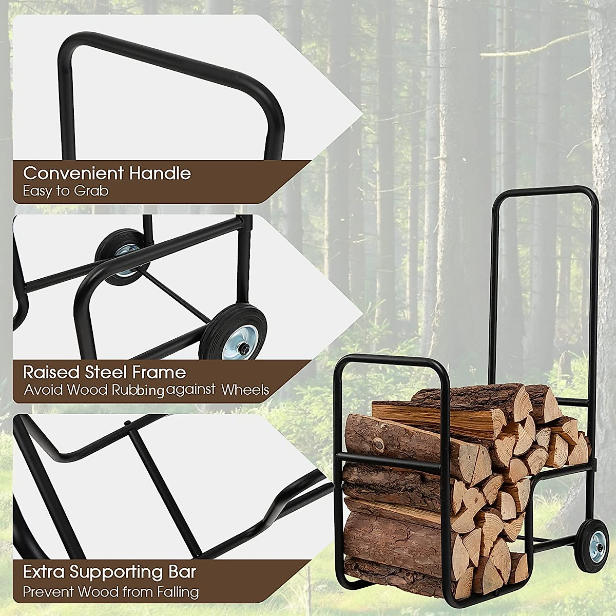 Goplus Firewood Log Cart Carrier, Anti-Slip and Wear-Resistant Wheels, Steel Frame, Large Loading Space, Sturdy Construction, Wide Application, Simple Installation