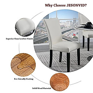 JESONVID Set of 6 Parsons Dining Chairs Faux Leather Kitchen Chair with Solid Wooden Legs Upholstered Soft Leather Padded Chairs with Nail-Head Trim-Ivory White