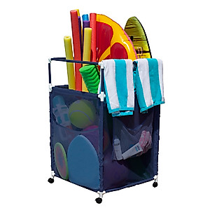 Essentially Yours Rolling Pool Noodle Storage Organizer Bin, Standard Noodle Holder, (25.4" W x 26" L x 40.5" H), Blue/White Style 510643