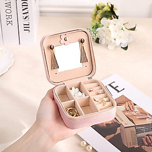 misaya Travel Jewelry Organizer Box 2 Pcs, Small Travel Jewelry Storage Case with Mirror, Mini PU Leather Jewelry Holder Boxes for Earrings, Rings, Necklaces, Gift for Women, Girls, Mother, Pink