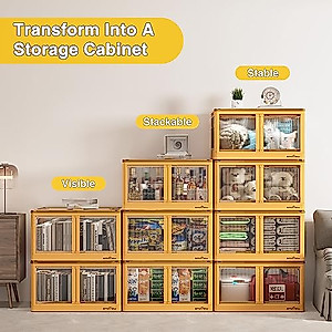 BROVIEW Plastic Storage Bins with Lids, 3 Pack 25 Gal Stackable Storage Cabinets Closet Organizers with 5-Doors, Collapsible Storage Containers Box for Kitchen Bedroom Living Kids Room Dorm (Yellow)