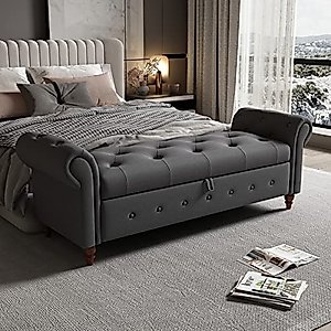 NIOIIKIT 63'' Storage Ottoman Bench, End of Bed Button Tufted Ottoman Bench, Rolled Armed Ottoman Couch Long Bench for Bedroom, Living Room, End of Bed, Hallway(Grey, Polyster)