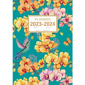 Planner 2023-2024: A5 Small Weekly and Monthly Organizer from May 2023 to April 2024 | Hummingbird and Orchid Flower Design Teal