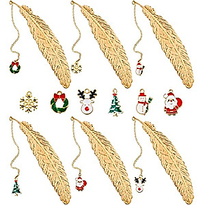 6 Pieces Christmas Series Metal Feather Pendant Bookmarks 3D Gold Feather Bookmarks Vintage Feather Bookmarks Beautiful Gi ft for Kids Students Teachers Friends Reading Page Marker Bookend