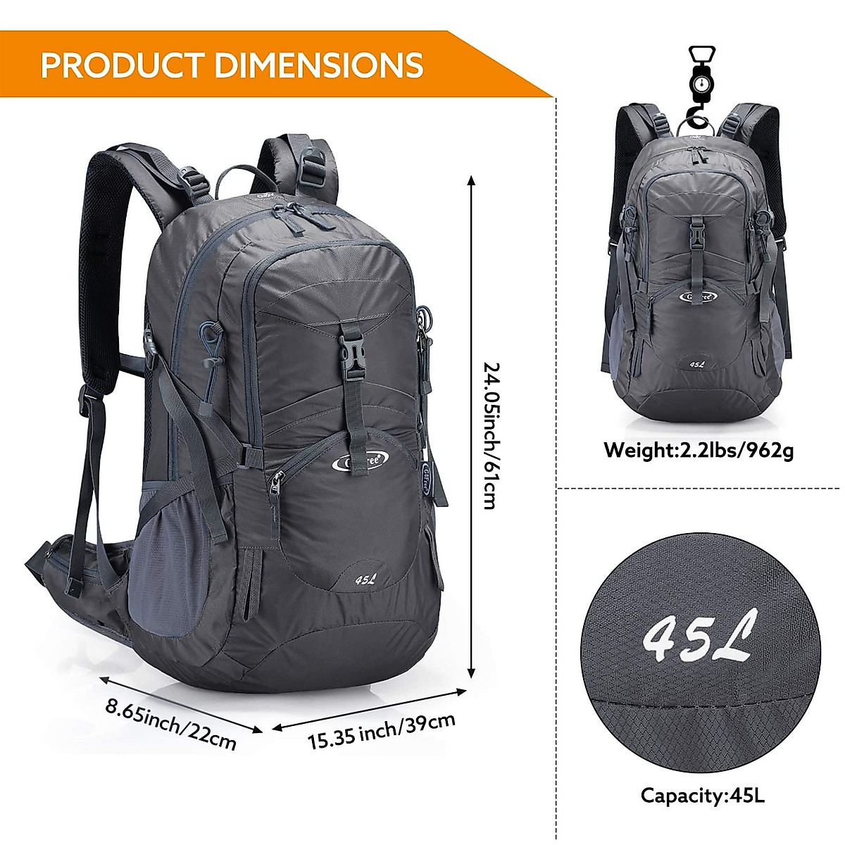 G4Free 45L Hiking Travel Backpack Waterproof with Rain Cover, Outdoor Camping Daypack for Men Women (Dark Grey)