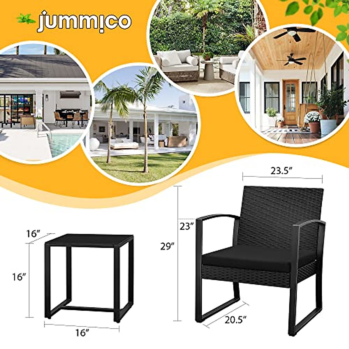 JUMMICO Patio Chairs 3 Piece Outdoor Furniture with All Weather Plastic Seat & Metal Frame Patio Conversation Set for Porch, Balcony, Poolside (Black)