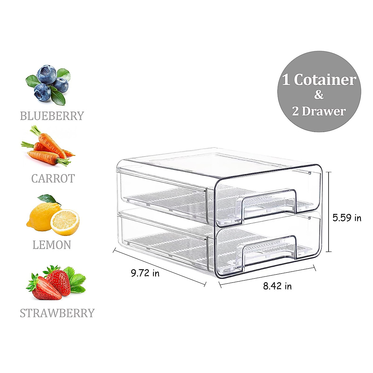 YouLike 2pack Stackable Fridge Drawers Pull Out Bins for Refrigerator Organizer Clear Food Storage Container Set With Drain for Pantry Kitchen Cabinet Office Organization