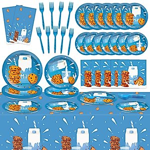 Qyeahkj Milk and Cookies Party Supplies Tableware Kit for 25 Guests Milk and Cookies Birthday Party Paper Plates Napkins Tablecloths Decorations Favors for Baby Showers Weddings
