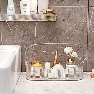 Yesesion Plastic Storage Organizer Basket with Handle, Bathroom Decor Holder for Cup, Beauty Products, Skincare, Perfume, Shower Caddy, Large Box for Toilet, Kitchen, Shelf, Cabinet, Vanity (Clear)