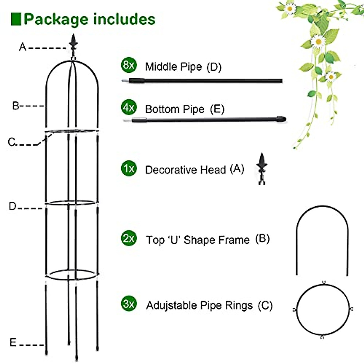 2 Pack Garden Trellis for Climbing Plants Outdoor, Rustproof Plastic Coated Metal Stake Tall Tower Obelisk Trellis for Potted Plant Support Indoor Outdoor Rose Trellis for Vegetable Vines, Lightweight