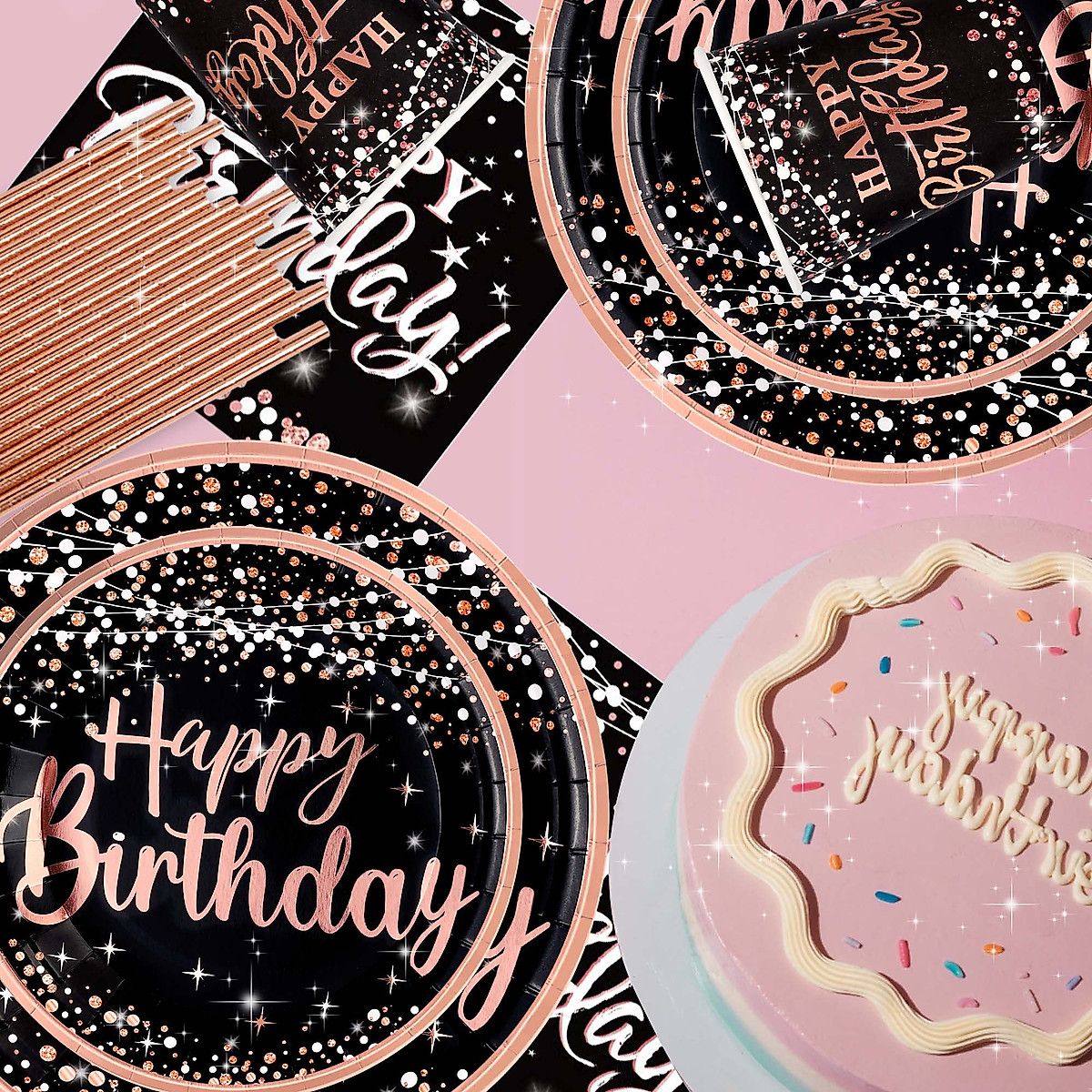 happy birthday decorations plates for women - (Total 121pcs) rose gold plates and napkins party supplies, Cups, Straws, tablecloth, Disposable Tableware for 24 Guests