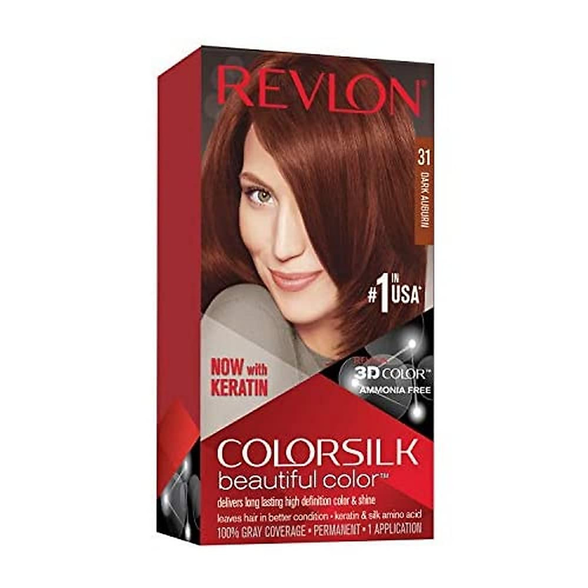 Revlon Permanent Hair Color, Permanent Hair Dye, Colorsilk with 100% Gray Coverage, Ammonia-Free, Keratin and Amino Acids, 31 Dark Auburn, 4.4 Oz (Pack of 1)