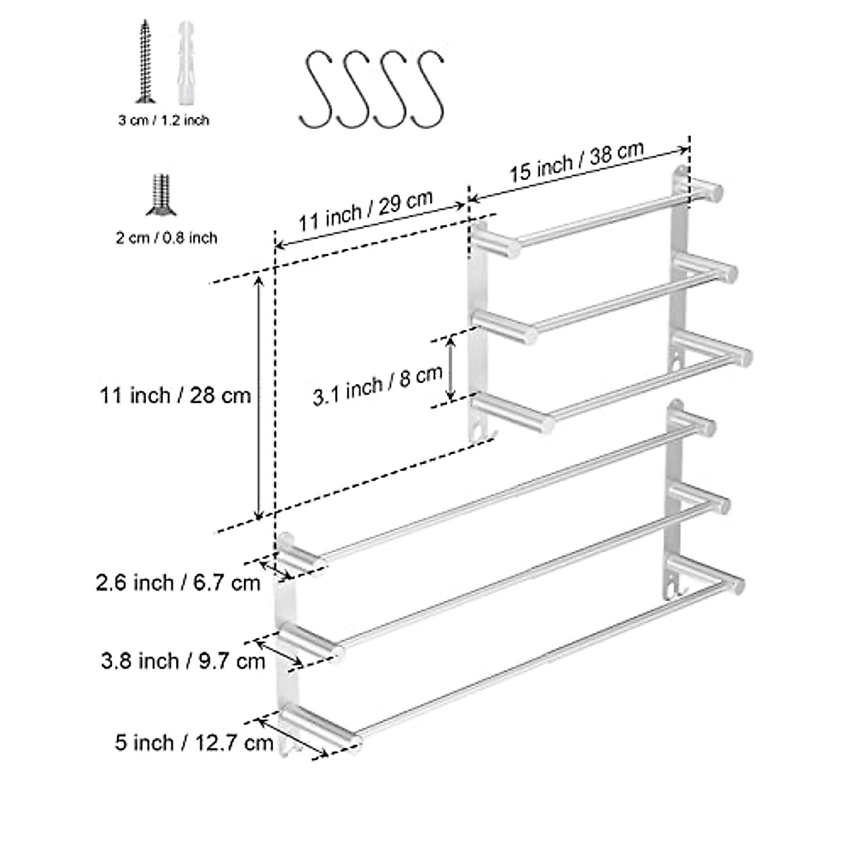 3-Tier Ladder Bath Towel Bar Strechable 16 to 27.6 Inch, ZUEXT Brushed Nickel Stainless Steel Adjustable Towel Holder Hanger, Wall Mounted Towel Rod for Bathroom Kitchen,Towel Rail Racks with Hooks