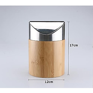 Bamboo Tabletop Trash Can with Lid, Small, Trash Can, Dust Box, Compact, Stylish, Stainless Steel, Bamboo, Natural