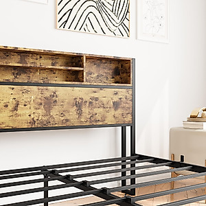 MegaChunk Queen Bed Frame with Storage Headboard, Metal Platform Bed with Charging Station, Bookcase Storage, No Box Spring Needed, Easy Assembly, Noise-Free, Black