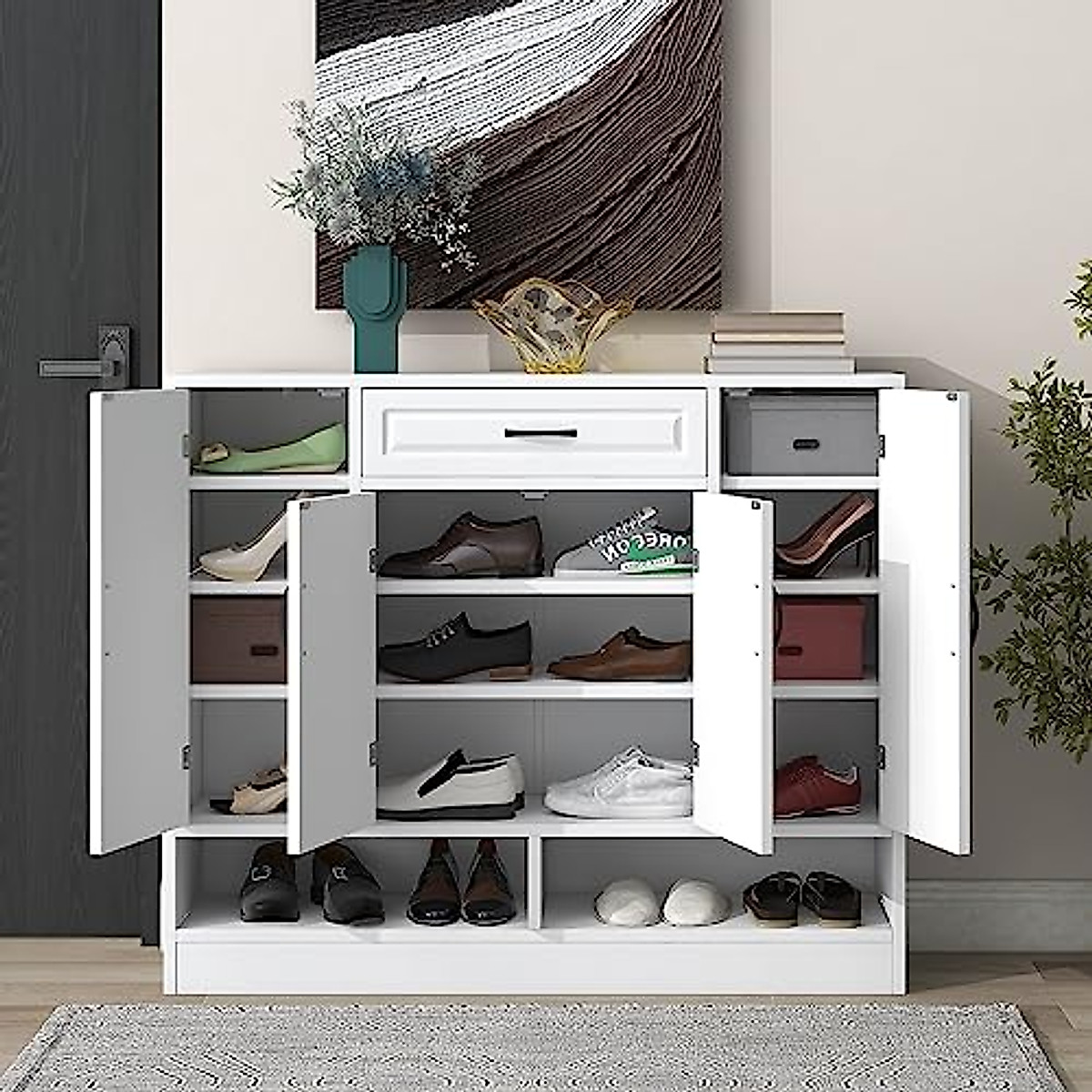 Modern Shoe Cabinet with Adjustable Shelves and Sturdy Top Surface, Wood Sideboard with 1 Drawers, Multifunctional Storage Cabinet for Entrance Corridor Bedroom (White + Particle Board-035)