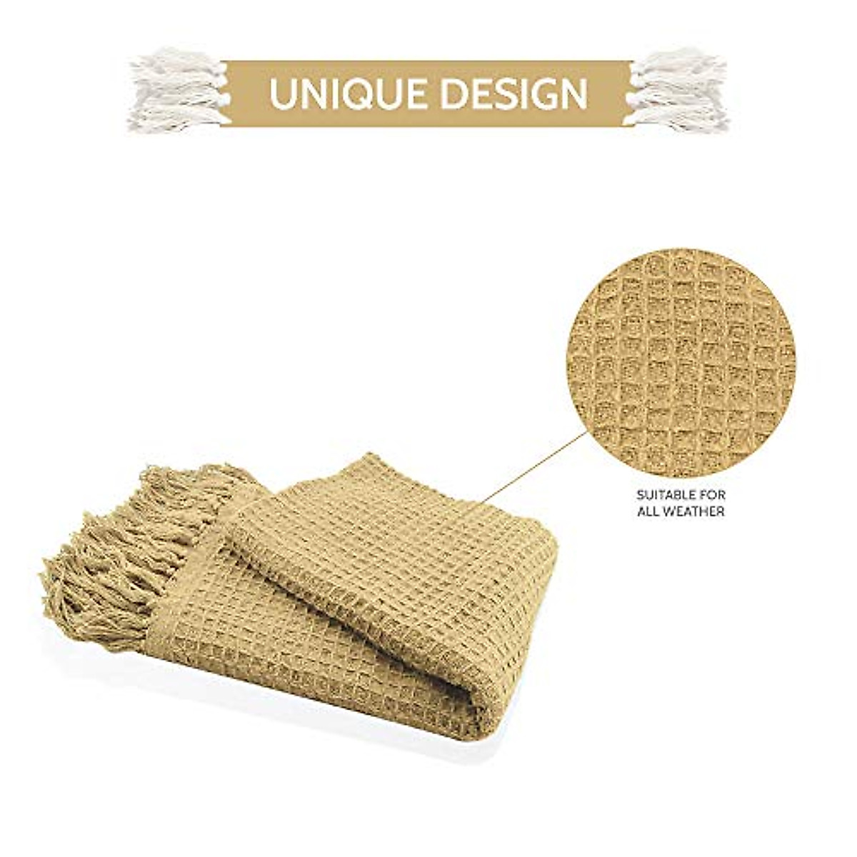 Rustic Farmhouse Throw Blanket - 50x60 Inches Sand Brown Cotton Honeycomb Woven Boho Blankets Soft and Cozy Throws with Decorative Tassels