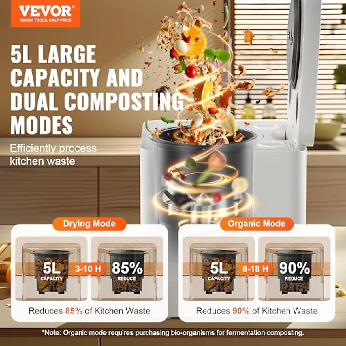 VEVOR Electric Composter for Kitchen, 5L Large Smart Countertop Compost Bin Indoor, Odorless Quiet Electric Kitchen Food Recycler with Upgraded Motor/Auto-Cleaning/2 Composting Modes/Safe Child Lock