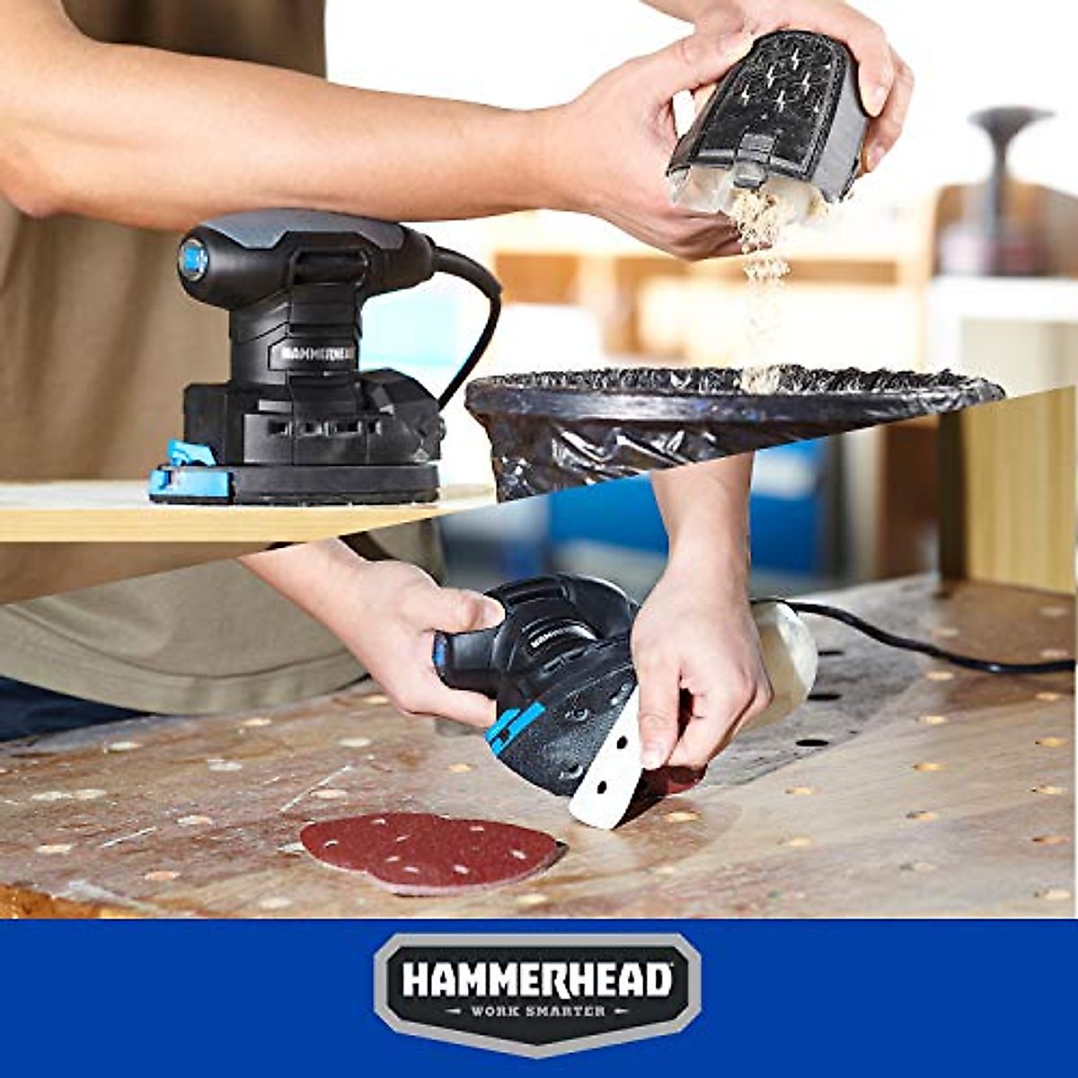 Hammerhead 1.4-Amp Multi-Function Detail Sander with 12pcs Sandpaper, Dust Collection System, and Detail Attachment - HADS014