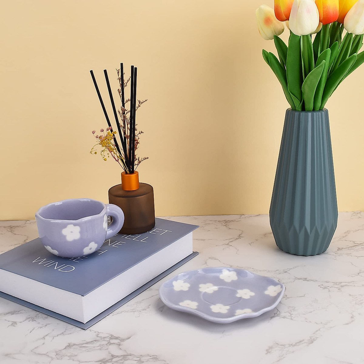 Koythin Ceramic Coffee Mug with Saucer Set, Cute Creative Cup Unique Irregular Saucer Design for Office and Home, 6 oz/180 ml for Latte Tea Milk, Mothers Day Gifts (Purple Flower)