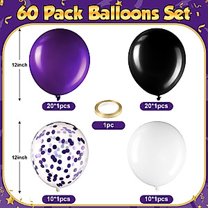 60 Pieces Balloons Kit 12 Inch Confetti Balloons with 2 rolls Ribbon Latex Balloon Party Favor Metallic Balloons for Birthdays Baby Shower Wedding Graduation Decorations (Black, Purple, White)