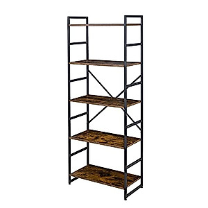 Shintenchi 5 Tiers Bookshelf, Classically Tall Bookcase Shelf, Industrial Book Rack, Modern Book Holder in Bedroom/Living Room/Home/Office, Storage Rack Shelves for Books/Movies-Rustic Brown