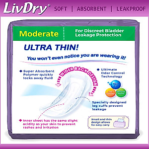 LivDry Incontinence Ultra Thin Pads for Women | Leak Protection and Odor Control | Extra Absorbent (Moderate 48-Count)