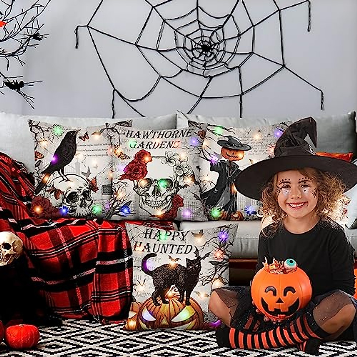 Hexagram Lighted Halloween Pillow Covers, Halloween Decorations Skull Pumpkin Black Cat LED Halloween Pillows Covers 18x18 Set of 4, Halloween Light Gothic Decor Pillows for Couch Sofa Indoor