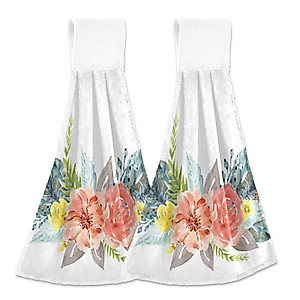KOCOART Watercolor Boho Rose Flower Kitchen Towels Vintage Floral Leaves Bathroom Hand Towel Hanging Tie Towel with Loop 2PCS Soft Absorbent Dish Cloth Fingertip Towel for Oven Stove Handle Tabletop