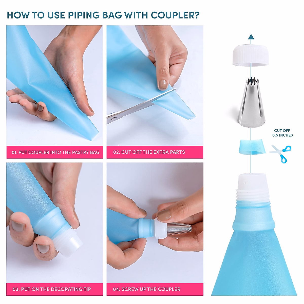 Riccle Reusable Silicone Piping Set - 27 Pcs Cake Decorating Kit With 6 Pastry Bags, Couplers, Frosting Tips, Bag Ties & Cake Scrapers