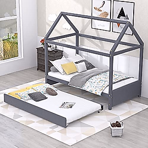 Lostcat Twin Size Upholstered House Platform Bed with Trundle,Twin Bunk Bed with Roof Design for Kids, Teens, Girls, Boys,No Box Spring Required,Grey