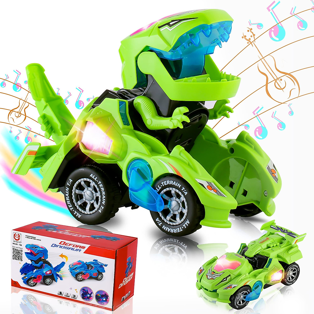 Hirger Transforming Car Dinosaur Toy for Kids 2-5: Dino Transformer Toy Car with Light Music for Toddlers 1-3 | Christmas Birthday Gifts for Boys Age 4-6