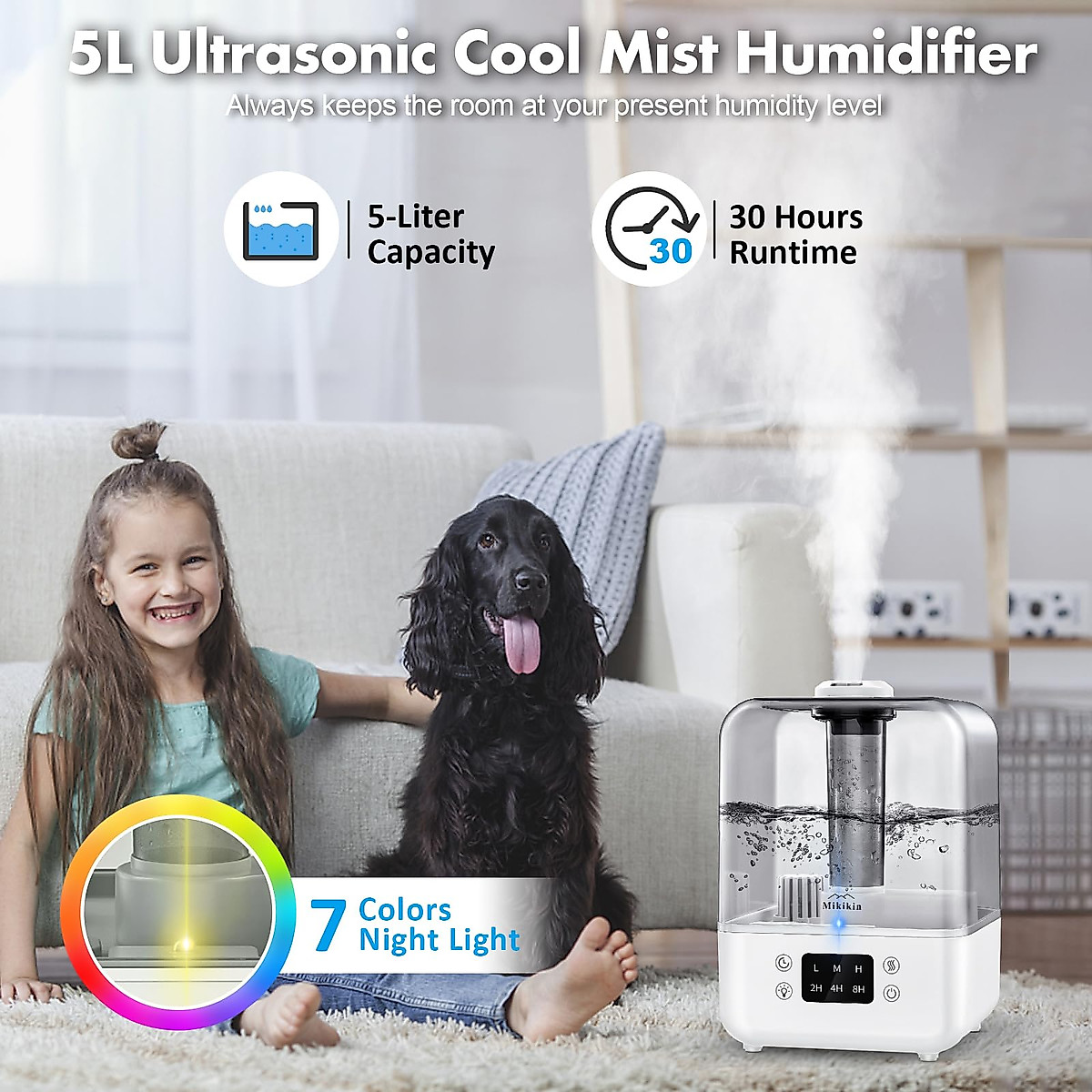 Humidifiers for Bedroom, Cool Mist Humidifiers for Large Room Home Baby, 5L Top Fill Ultrasonic Air Humidifier Quiet for Plants with Remote Control, Essential Oil Diffuser, Rotatable Nozzle - White