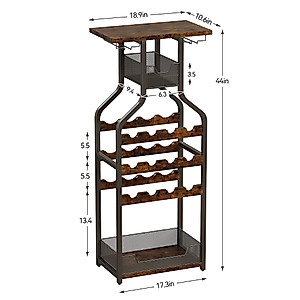 Amyove Metal Wine Rack Wine Bottle Holders Stands Freestanding Floor,Wine Storage Organizer Display Rack Table Wine Glass Rack for Bar Kitchen Dining Living Room, Small Spaces,Rustic Brown