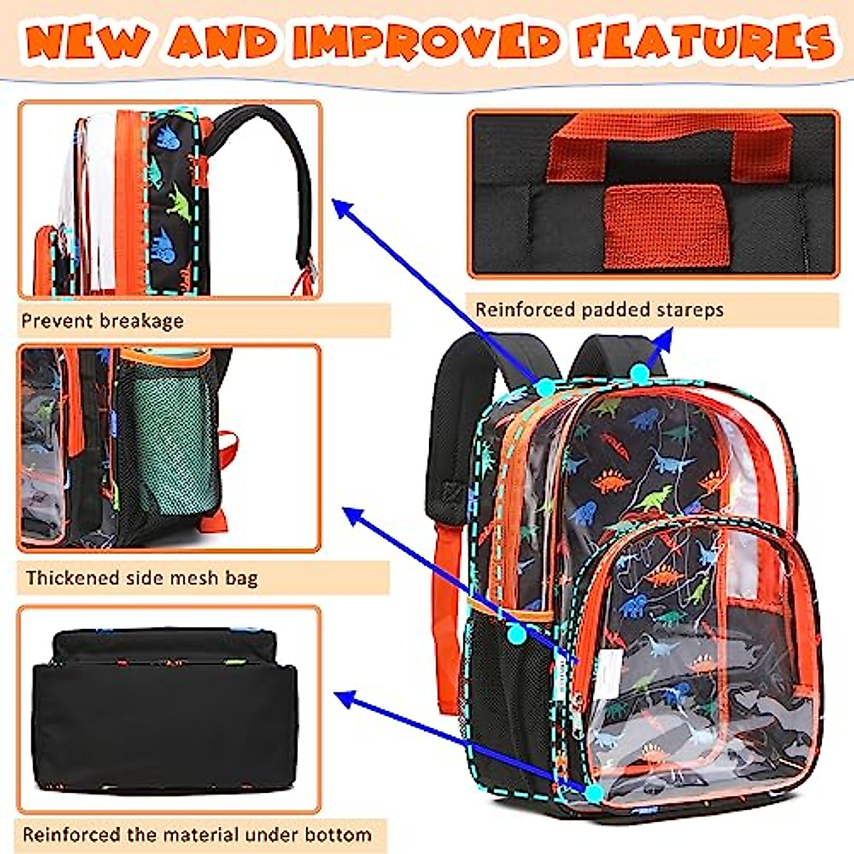 BLUEFAIRY Boys Clear Backpack Heavy Duty Stadium Approved Dinosaur Transparent Backpack Plastic See Through Bag for Kids for School Travel Gifts (Large Orange)