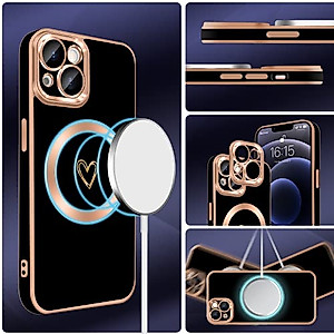 YKCZL Compatible with iPhone 13 Case MagSafe, Luxury Plating Cute Heart Full Camera Lens Protection Magnetic Case for iPhone 13 for Women Girls-Black