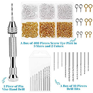 Pin Vise for Resin Casting Molds, Shynek Hand Drill for Jewelry Making Resin Tools Includes 1Pcs Push Hand Drill 10Pcs Drill Bits 480Pcs Eye Screws for DIY Keychain (Gold+Silver)