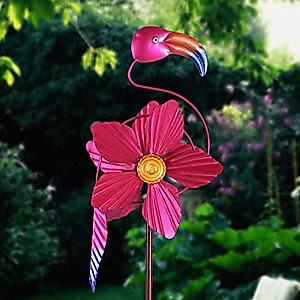 MorTime Flamingo Wind Spinner Garden Stake, 40 Inch Metal Pink Flower Flamingo Windmill Outdoor Decorative Flamingo Wind Sculpture for Spring Yard Lawn Pathway Decorations