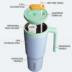 BJPKPK Insulated Tumblers With Handle And Straw 40oz Stainless Steel Travel Coffee Mug Tumbler Cups With Lid And Fruit Infuser,Sky Blue